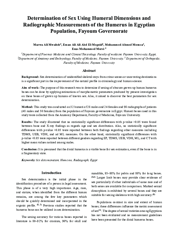 Pdf Determination Of Sex Using Humeral Dimensions And Radiographic