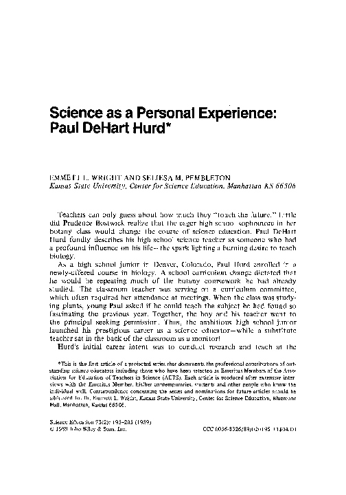 (PDF) Science as a personal experience: Paul DeHart Hurd