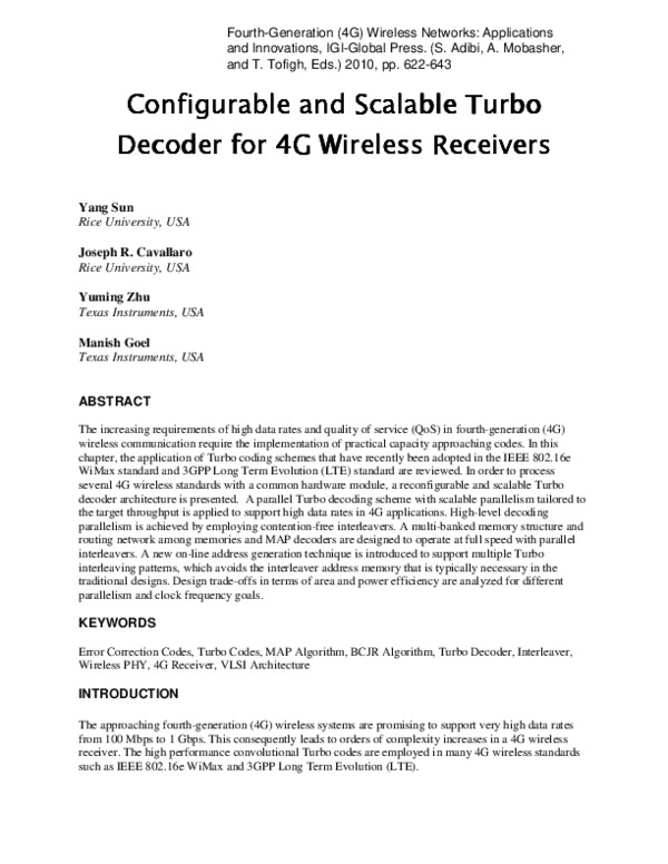 (PDF) Configurable and Scalable Turbo Decoder for 4G Wireless Receivers