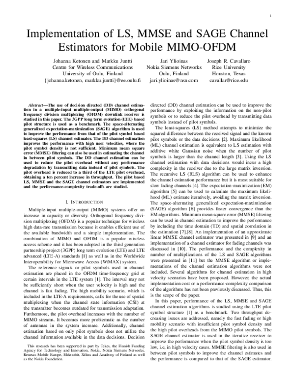 (PDF) Implementation of LS, MMSE and SAGE channel estimators for mobile MIMO-OFDM