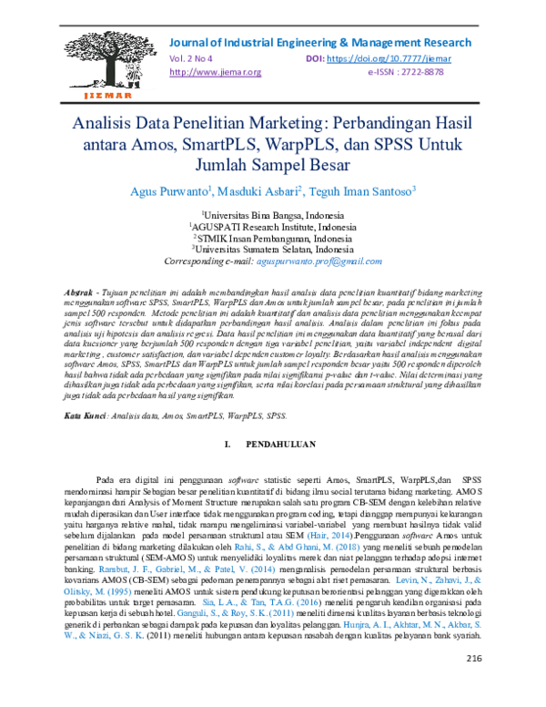 (PDF) Analisis Data Penelitian Marketing: Perbandingan Hasil antara Amos, SmartPLS, WarpPLS, dan ...