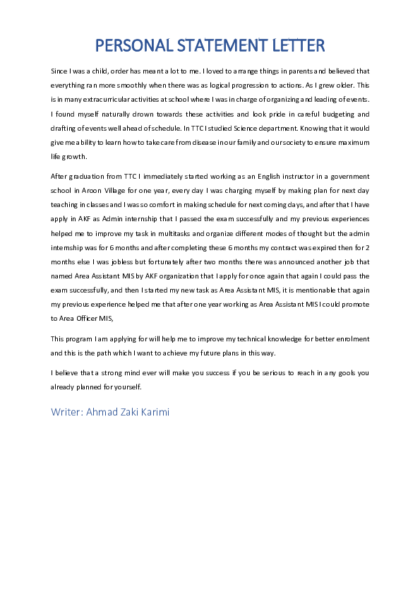 (PDF) PERSONAL STATEMENT LETTER | Ahmad zaki Karimi - Academia.edu