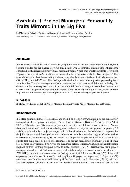 (PDF) Swedish IT Project Managers' Personality Traits Mirrored in the ...