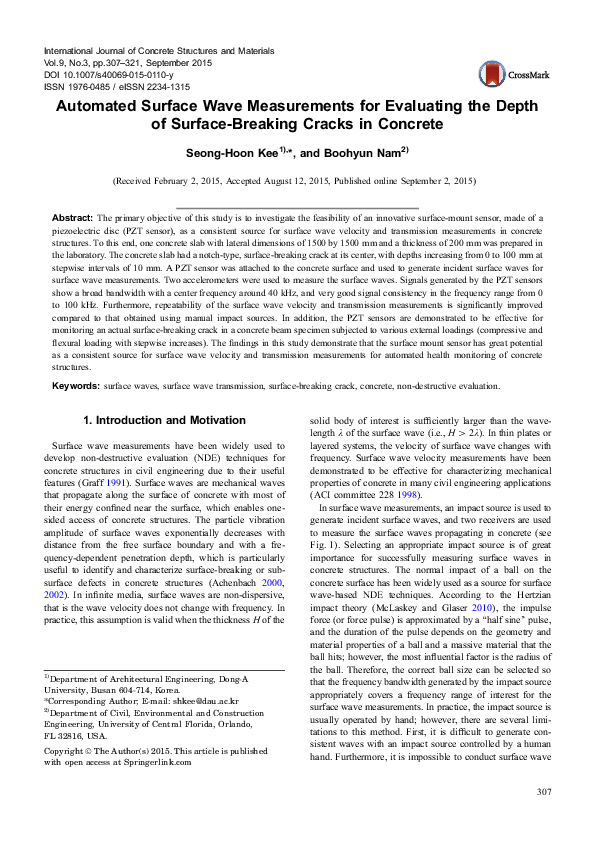 Pdf Automated Surface Wave Measurements For Evaluating The Depth Of Surface Breaking Cracks In