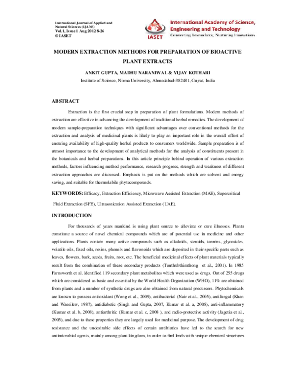 (PDF) Modern extraction methods for preparation of bioactive plant extracts