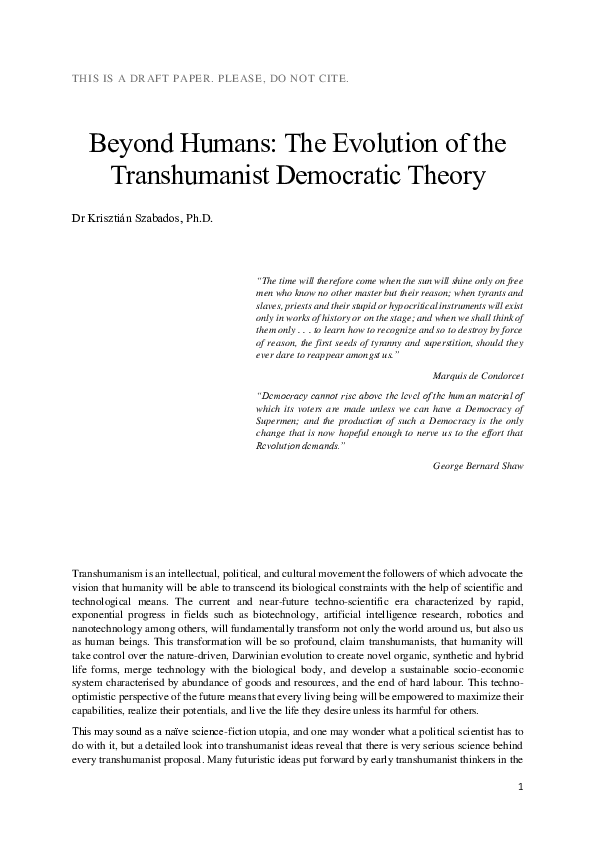 (PDF) Beyond Humans: The Evolution of the Transhumanist Democratic Theory