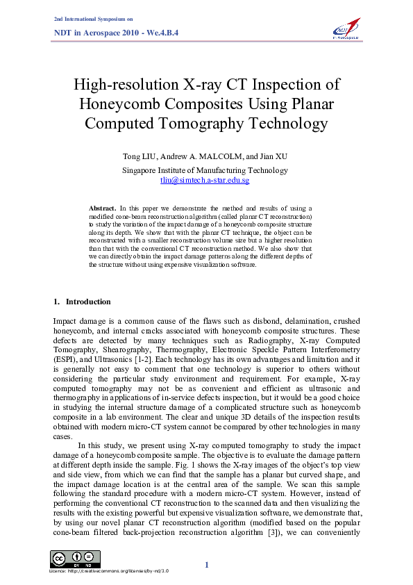 Pdf High Resolution X Ray Ct Inspection Of Honeycomb Composites Using Planar Computed