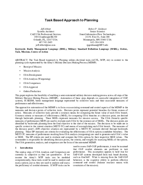 (PDF) Task Based Approach to Planning
