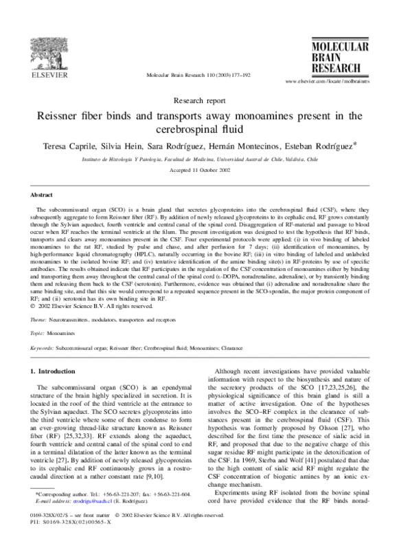 (PDF) Reissner fiber binds and transports away monoamines present in ...