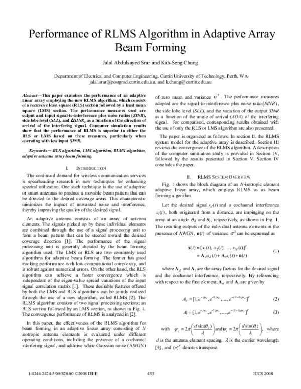 (PDF) Performance of RLMS algorithm in adaptive array beam forming
