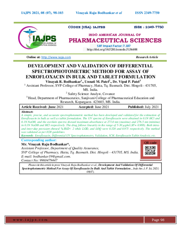 Pdf Development And Validation Of Differential Spectrophotometric Method For Assay Of