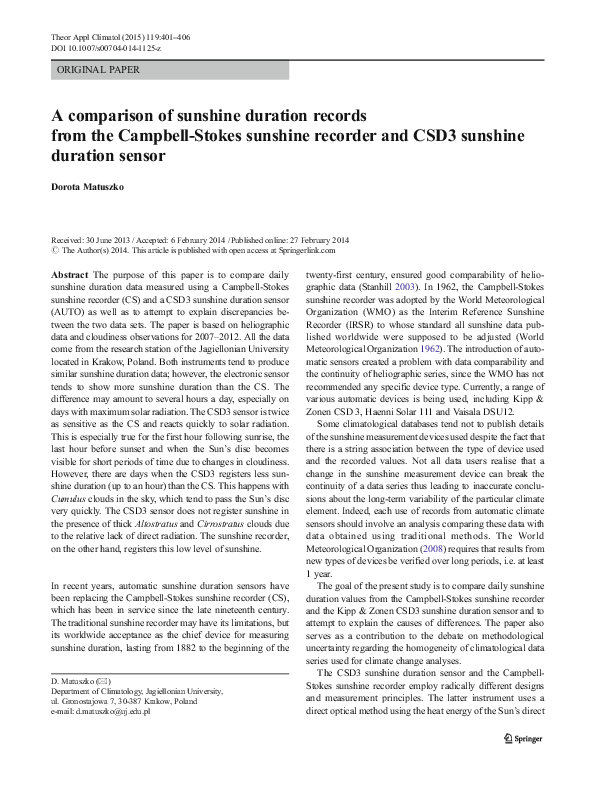 (PDF) A comparison of sunshine duration records from the Campbell ...