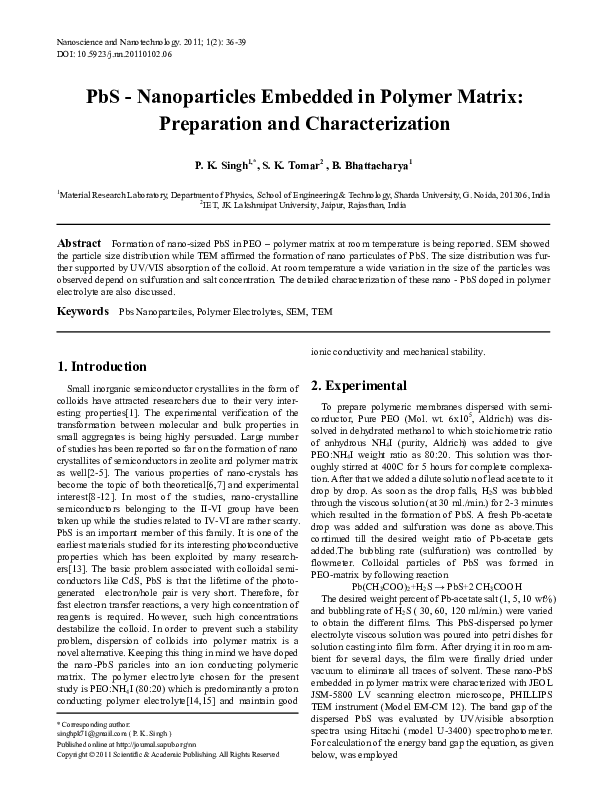 (PDF) PbS - Nanoparticles Embedded in Polymer Matrix: Preparation and Characterization