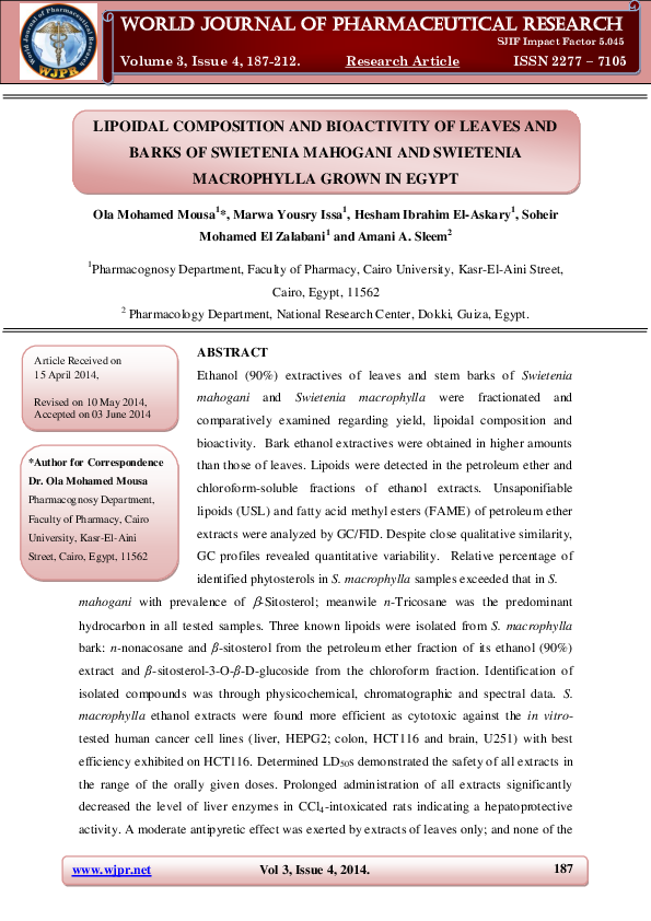 (PDF) Lipoidal Composition and Bioactivity of Leaves and Barks of ...