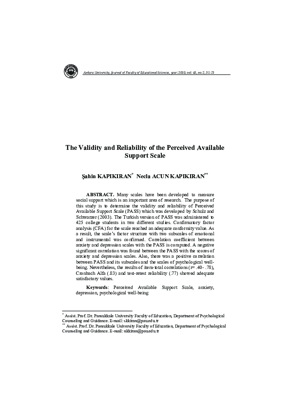 (PDF) The Validity and Reliability of the Perceived Available Support Scale