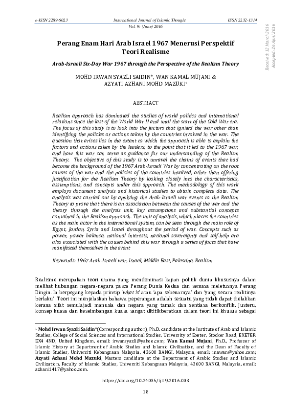 (PDF) Perang Enam Hari Arab Israel 1967 Menerusi Perspektif Teori Realisme