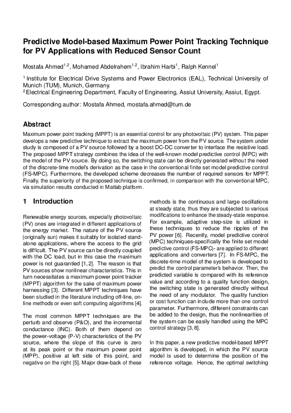 (PDF) Predictive Model-based Maximum Power Point Tracking Technique for PV Applications with ...