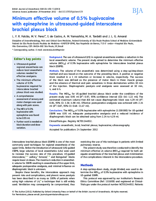 (PDF) Minimum effective volume of 0.5% bupivacaine with epinephrine in ...
