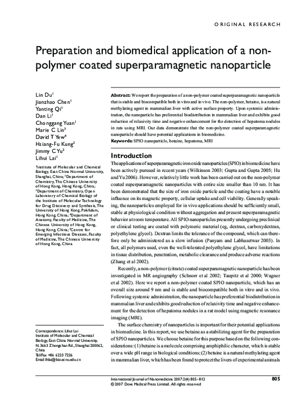 (PDF) Preparation and biomedical application of a non-polymer coated ...