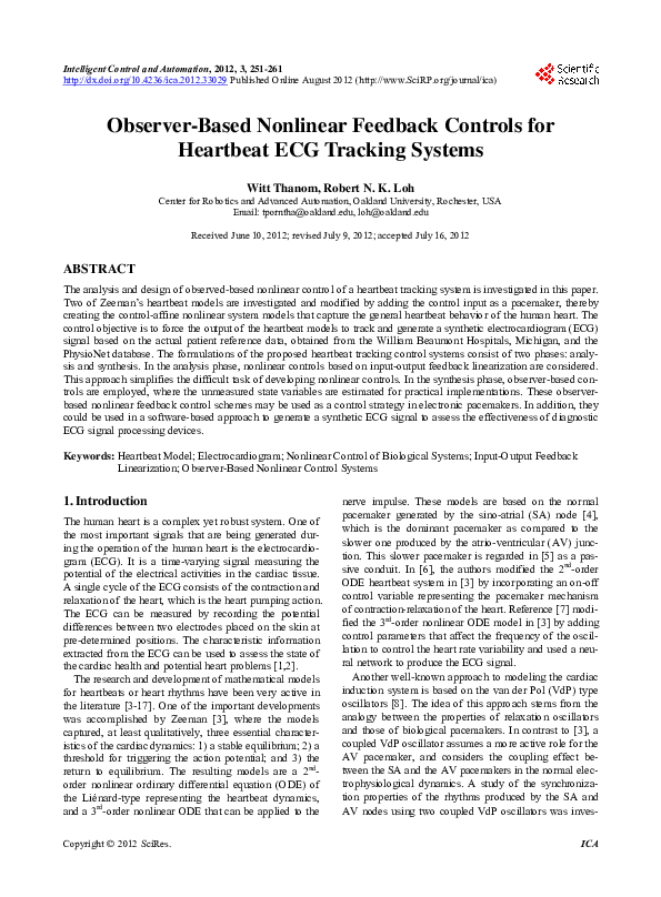 (PDF) Observer-Based Nonlinear Feedback Controls for Heartbeat ECG Tracking Systems