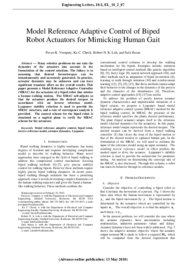 Pdf Adaptive Control For Biped Robot Gait Mimicry