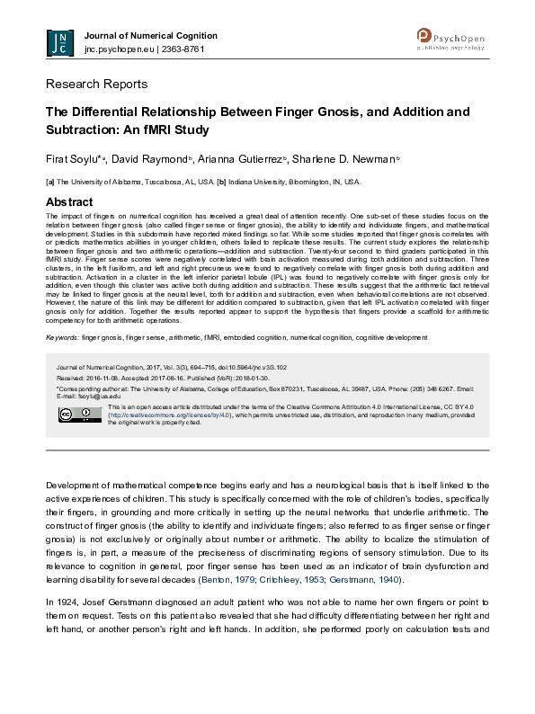 (PDF) The differential relationship between finger gnosis, and addition ...