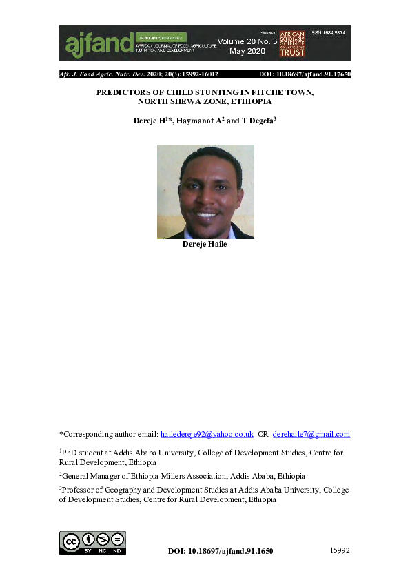 (PDF) Predictors of child stunting in Fitche town, North Shewa zone ...