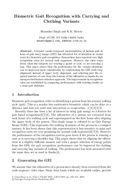 (PDF) Biometric Gait Recognition with Carrying and Clothing Variants