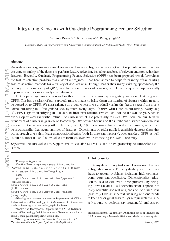 (PDF) Integrating K-means with Quadratic Programming Feature Selection
