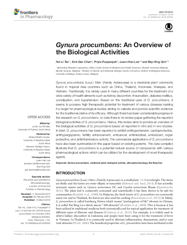 (PDF) Gynura procumbens: An Overview of the Biological Activities