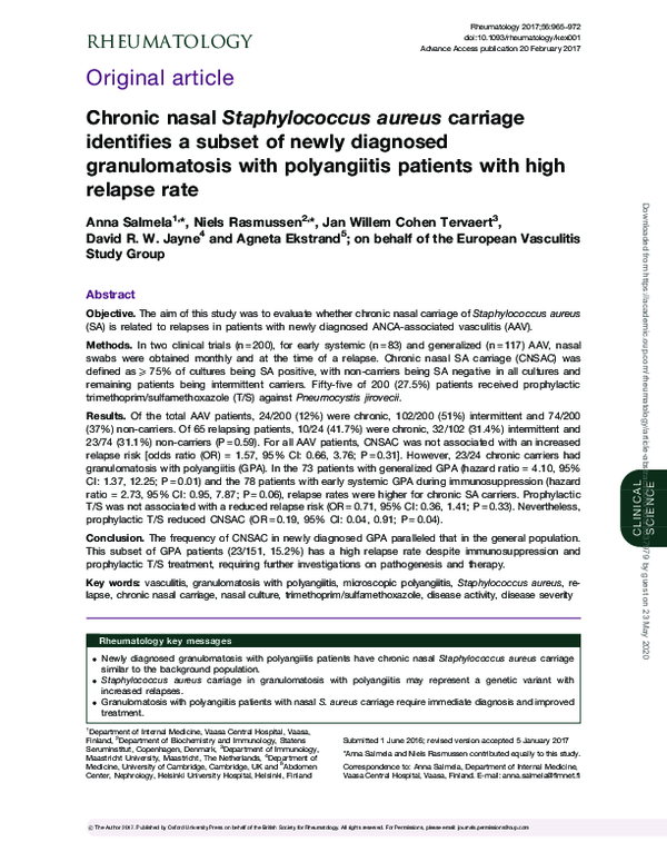 (PDF) Chronic nasal Staphylococcus aureus carriage identifies a subset ...