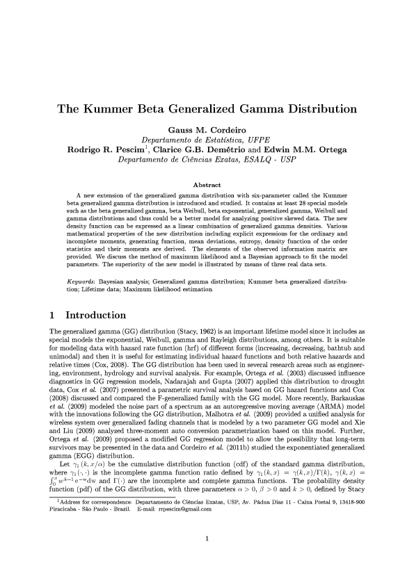 (PDF) The Kummer Beta Generalized Gamma Distribution
