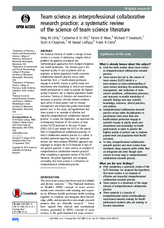 (PDF) Team science as interprofessional collaborative research practice ...