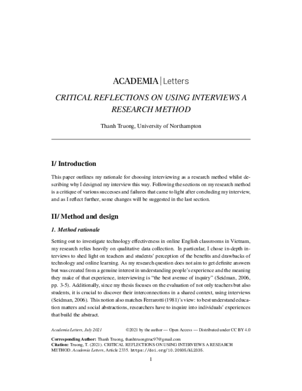 (PDF) CRITICAL REFLECTIONS ON USING INTERVIEWS A RESEARCH METHOD