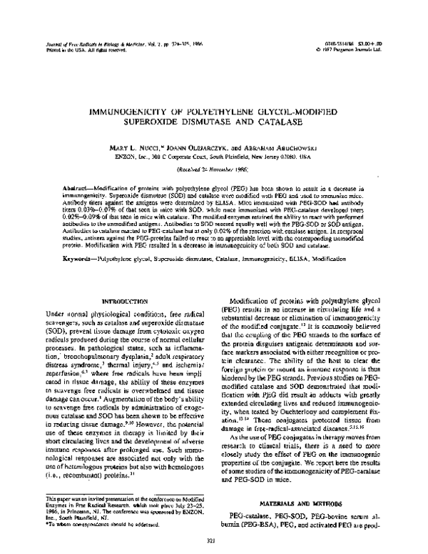 (PDF) Immunogenicity of polyethylene glycol-modified superoxide dismutase and catalase