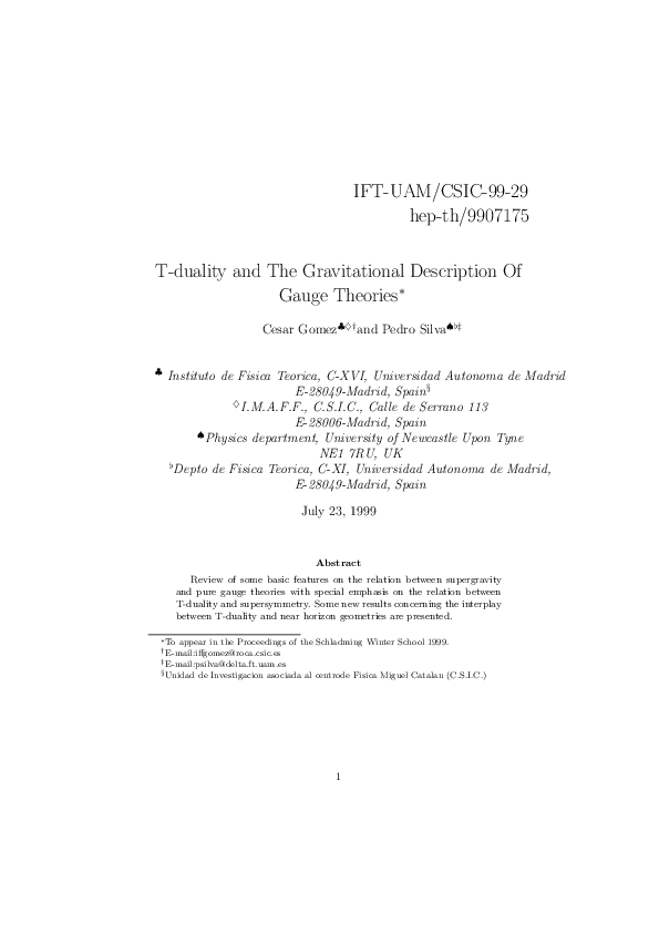 (PDF) T-Duality and the Gravitational Description of Gauge Theories
