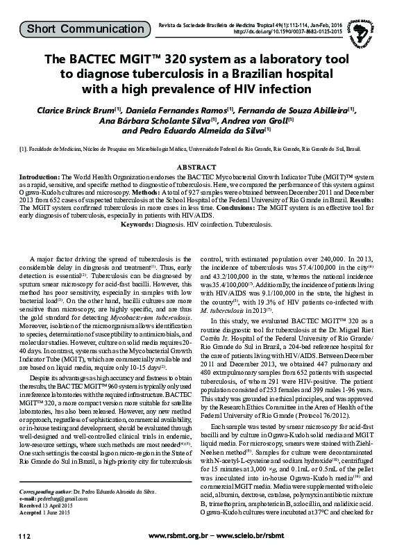 (PDF) The BACTEC MGIT(tm) 320 system as a laboratory tool to diagnose ...