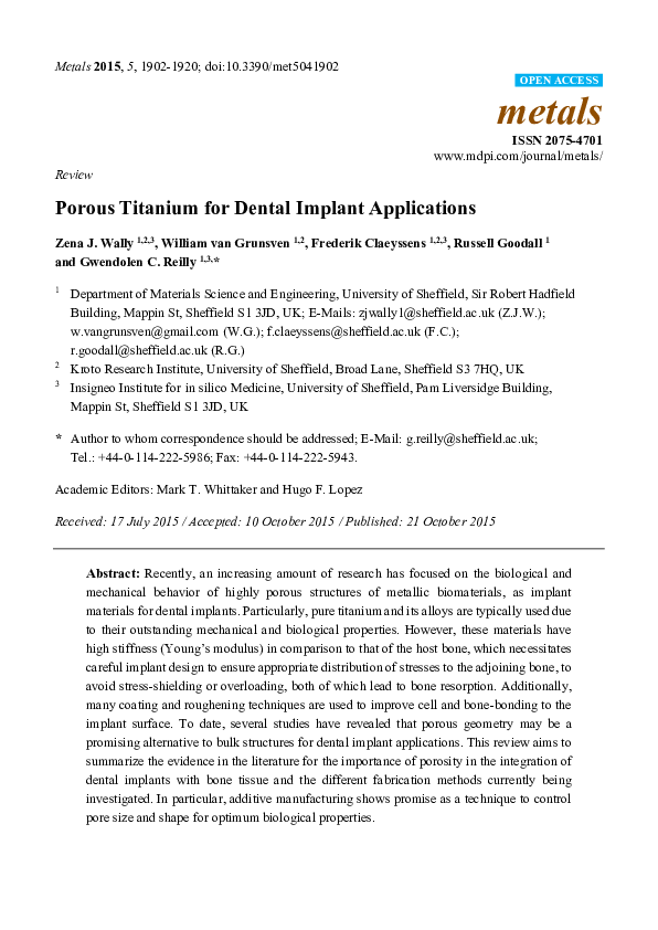 (PDF) Porous Titanium for Dental Implant Applications