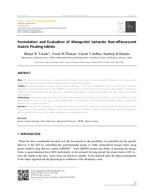 (PDF) Formulation and Evaluation of Metaprolol tartarate Non ...