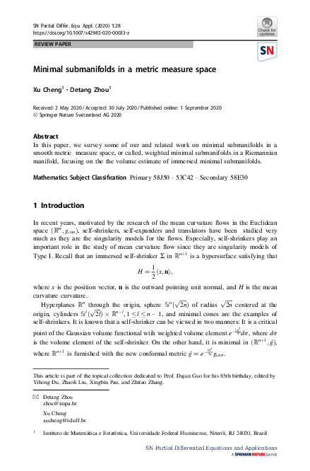 (PDF) Minimal submanifolds in a metric measure space | Detang Zhou ...