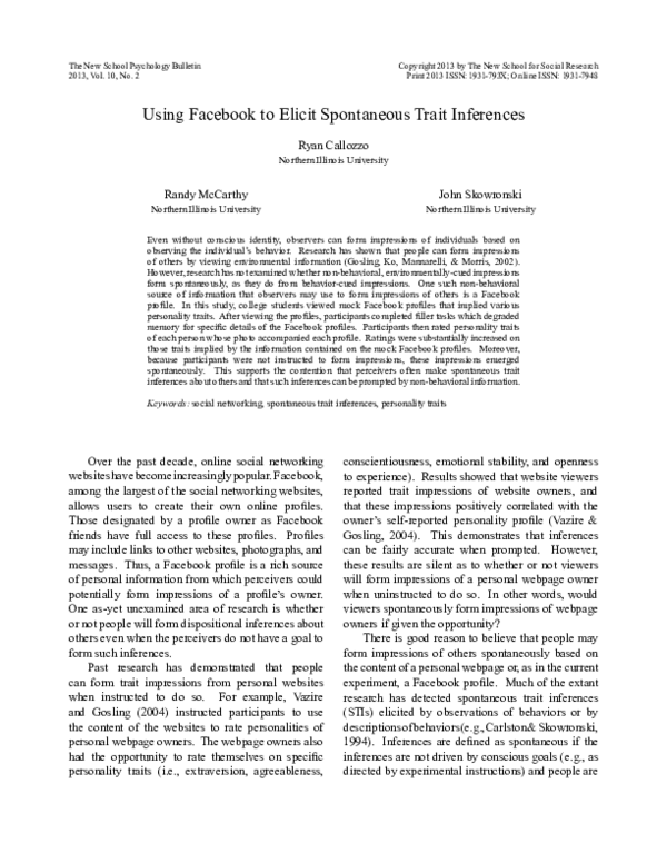 (PDF) Using Facebook to Elicit Spontaneous Trait Inferences | John ...