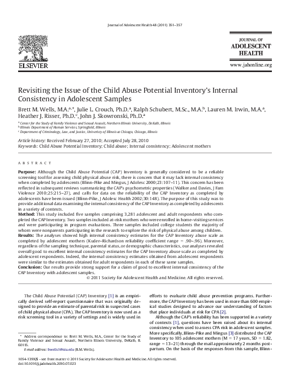 (PDF) Internal Consistency of CAP Inventory in Adolescents Examined