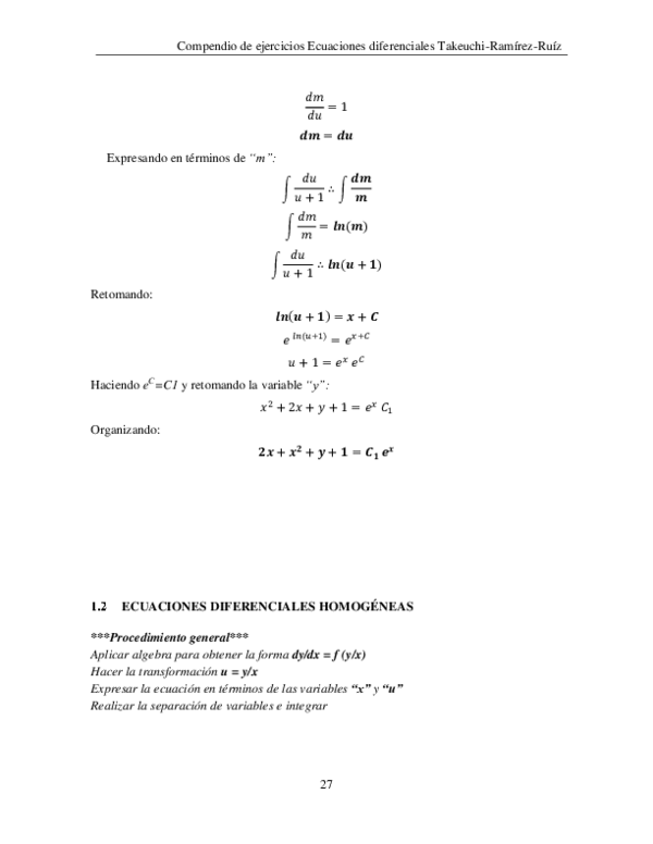 (PDF) Compendio de ejercicios Ecuaciones diferenciales Takeuchi-Ramírez-Ruíz (Homogéneas)