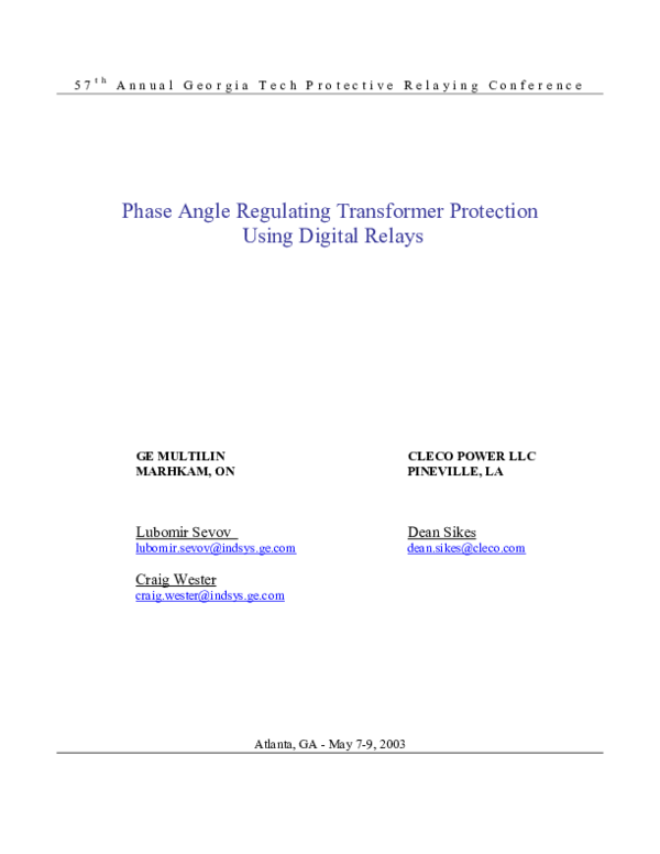 Pdf Phase Angle Regulating Transformer Protection Using Digital Relays