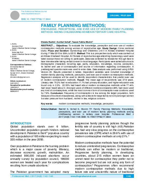 (PDF) Family Planning Methods; Knowledge, Perceptions, and Ever Use of ...