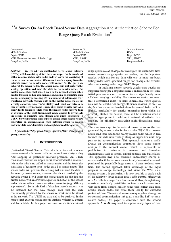 Pdf Ijert A Survey On An Epoch Based Secure Data Aggregation And Authentication Scheme For