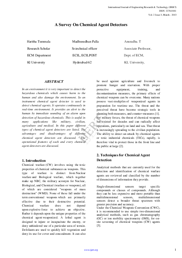 (PDF) IJERT-A Survey On Chemical Agent Detectors (PDF) IJERT-A Survey On Chemical Agent Detectors