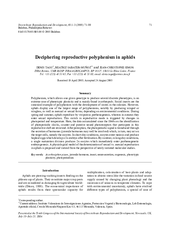 (PDF) Deciphering reproductive polyphenism in aphids