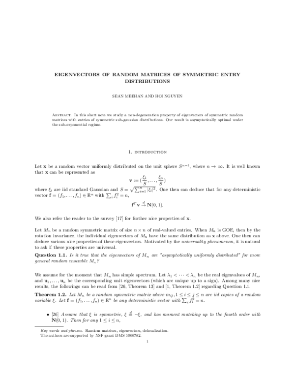(PDF) Eigenvectors of random matrices of symmetric entry distributions