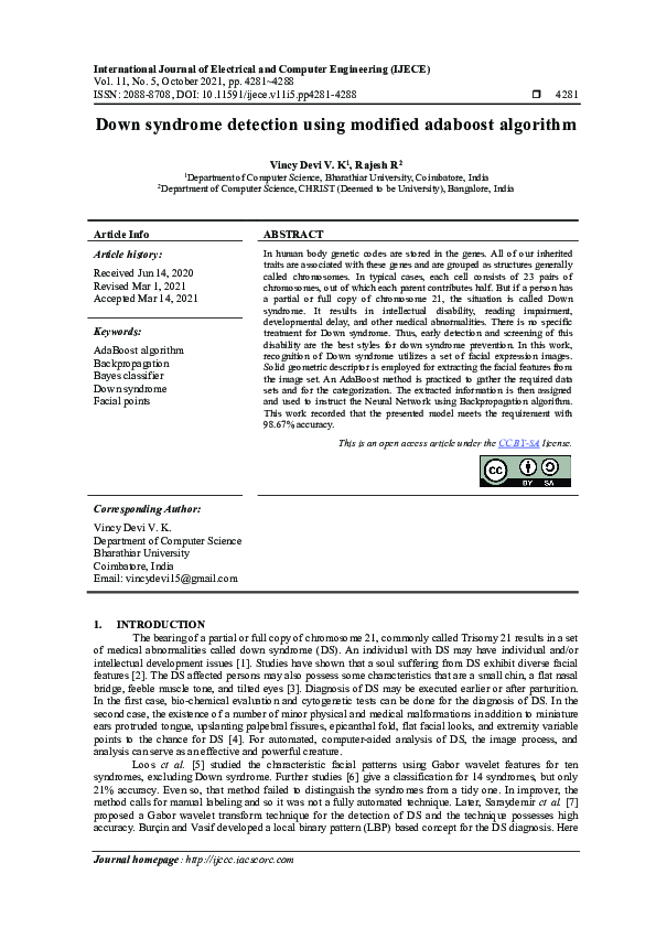 Pdf Down Syndrome Detection Using Modified Adaboost Algorithm